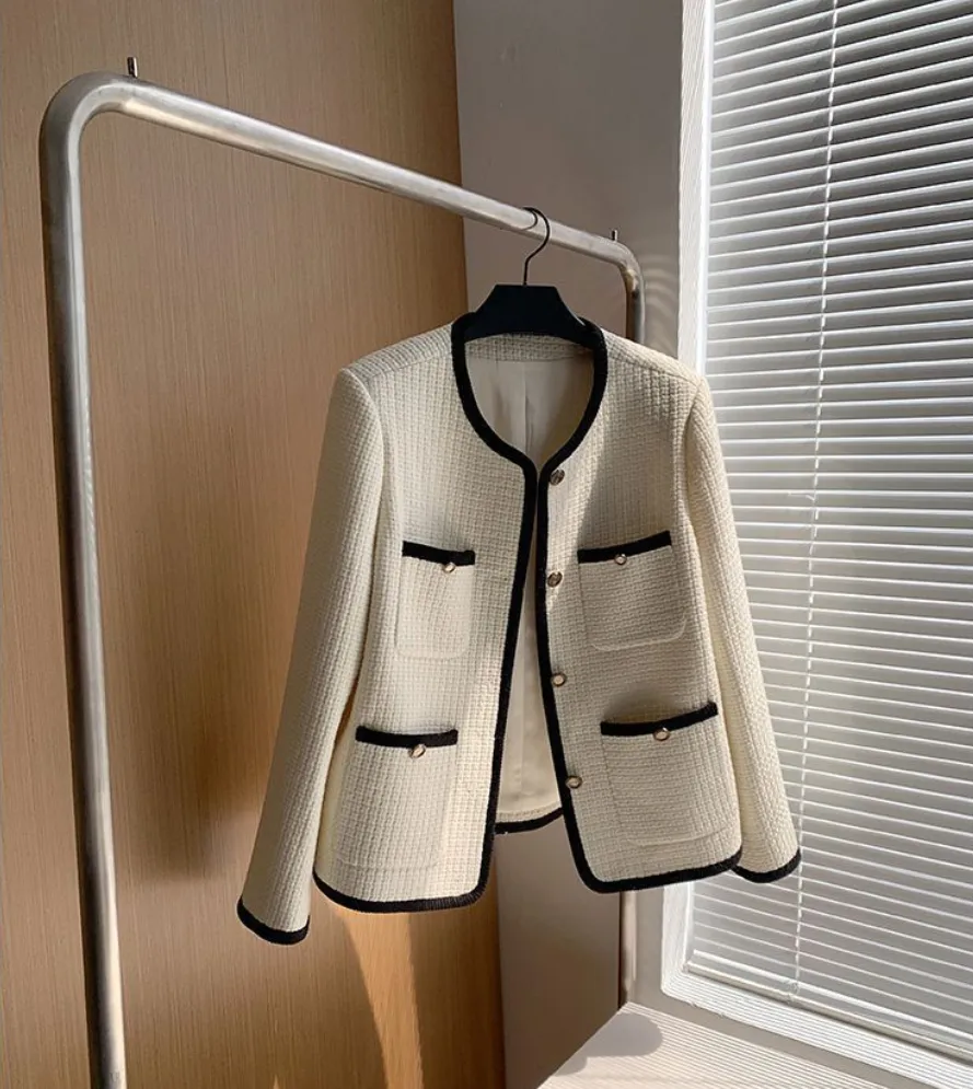 Short Black Linen Blend Acetate Jacket for Women Single-Breasted Crew ...
