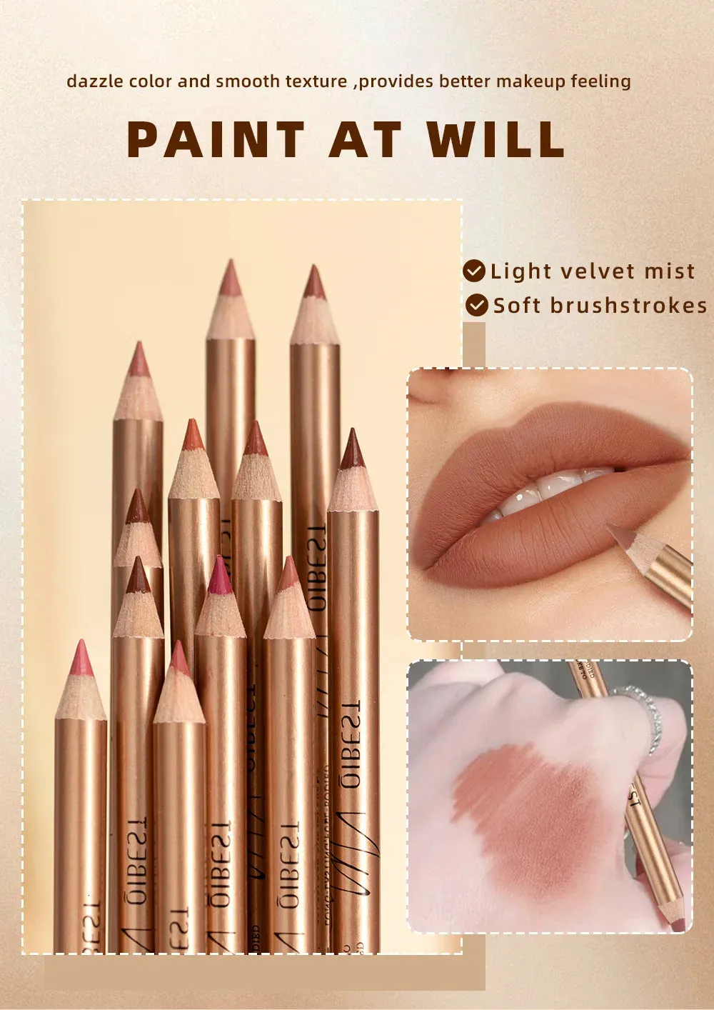 QI Kit Matte Gold Lip Liner Pen Set Smudge-proof Long-lasting Color ...