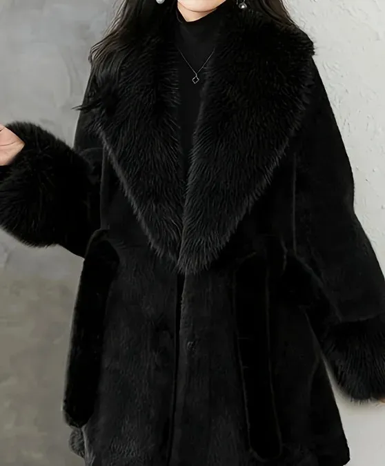 Brown Faux Fur Hooded Coat with Belt Thick Warm Man-Made Fiber ...