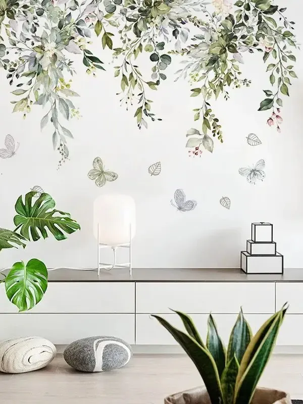 Green Leaves Vine Wall Sticker Decals Butterfly Decoration for Bedroom ...
