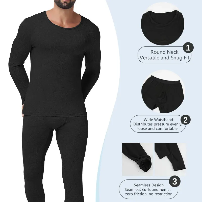 Mens Thermal Underwear Set Acrylic Knit Long Johns Round Neck Long ...