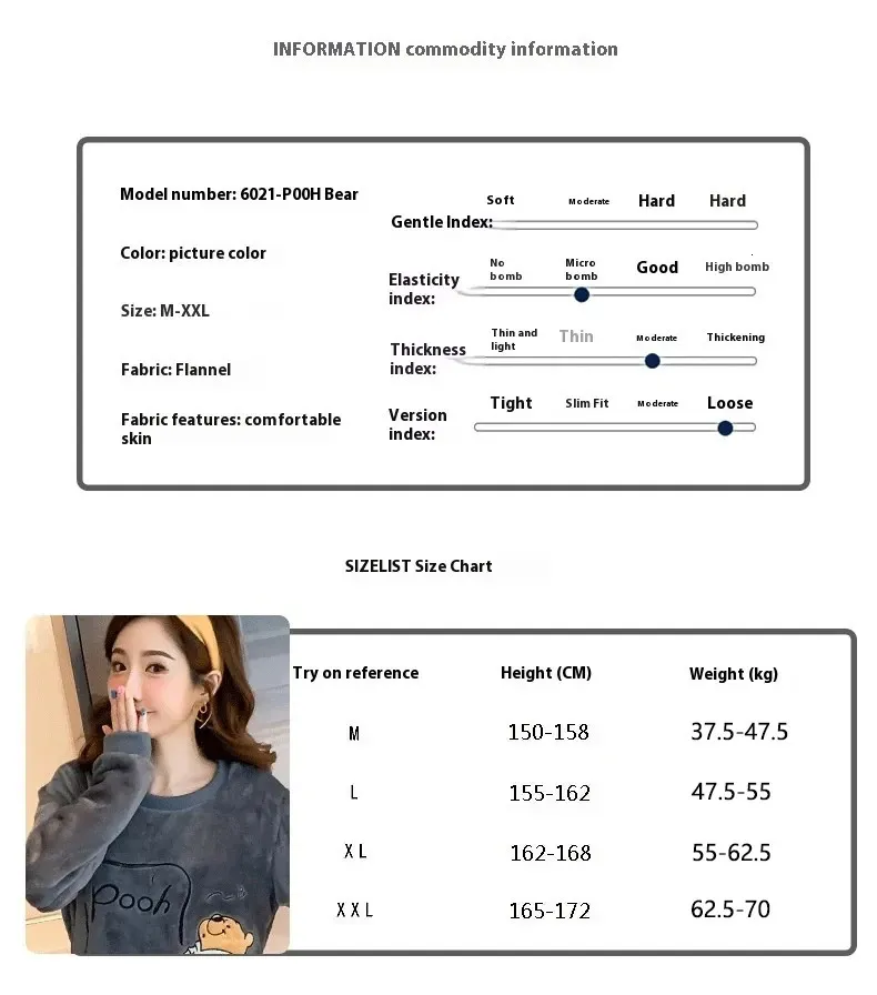 Cartoon Bear Bamboo Fabric Two-Piece Flannel Sleepwear Set for Women ...