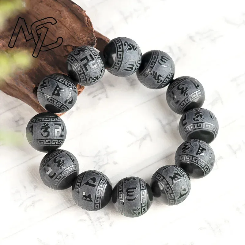 Natural Real Ink Jade Six Character Mantra Beads Bracelet Charm Jewelry ...