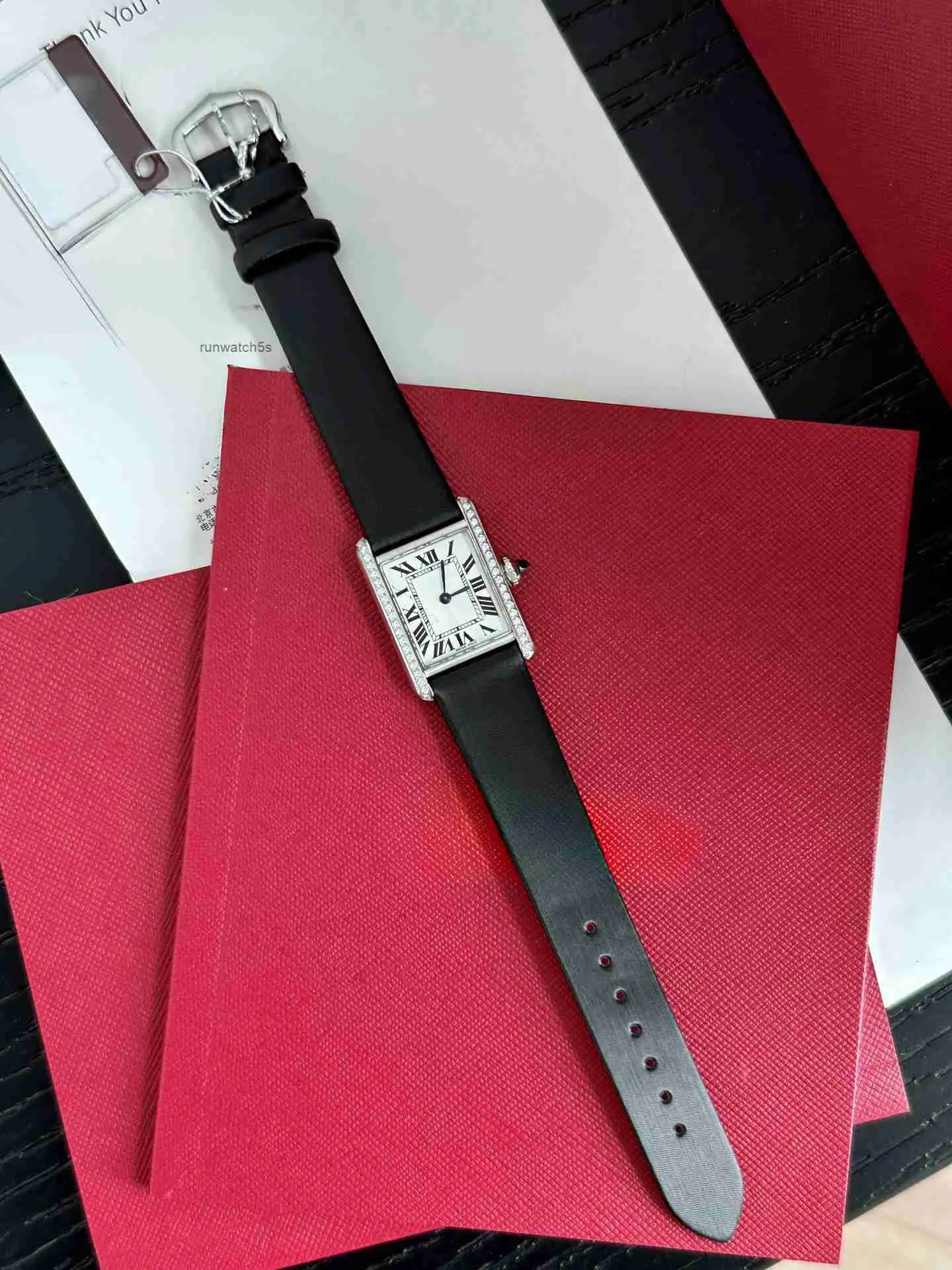 Tank style women's quartz watch with leather strap, stainless steel ...