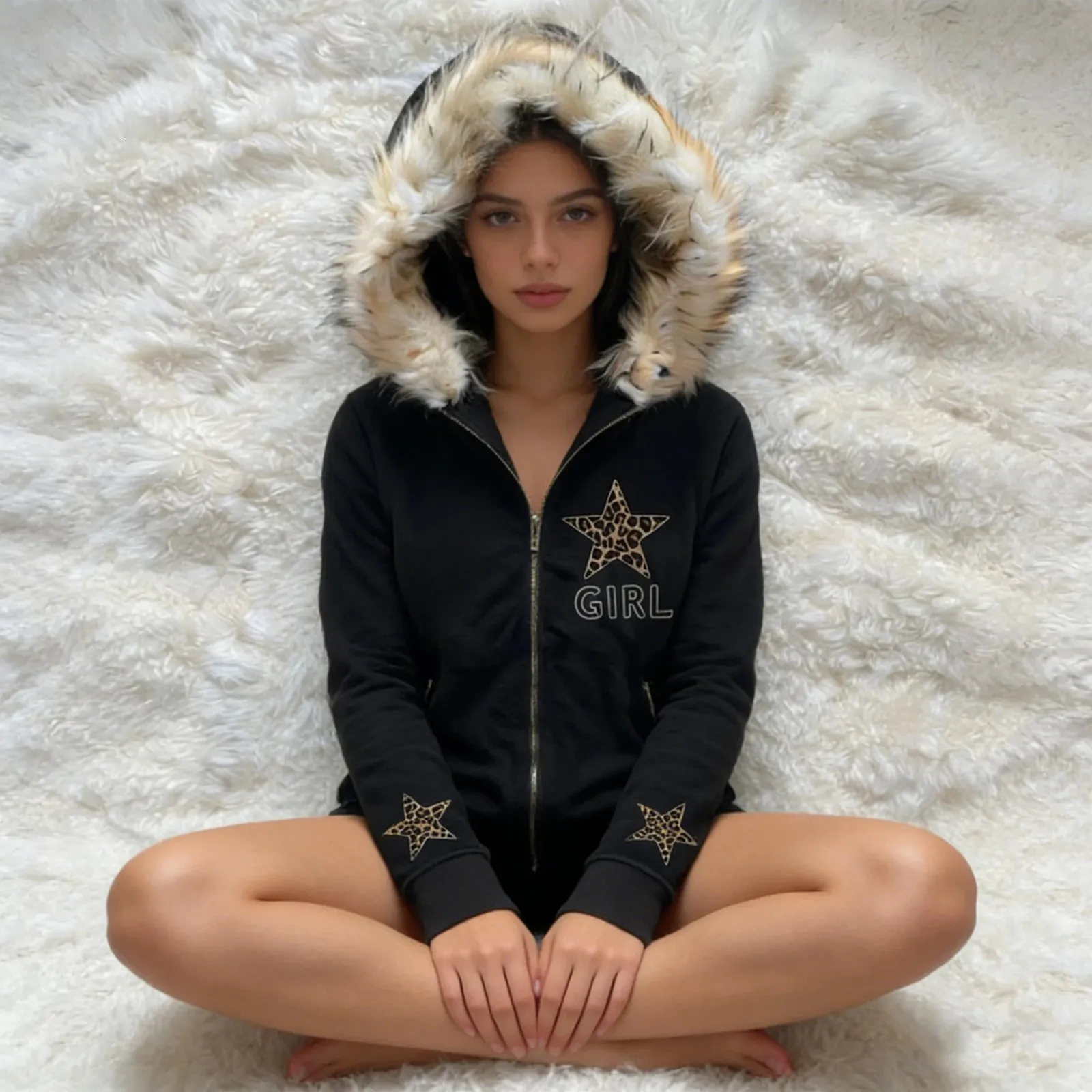 Womens leopard print hoodie black star hooded sweatshirt with fur ...