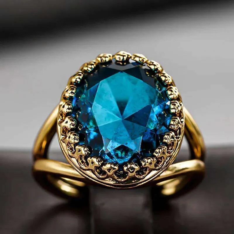 Vintage Stainless Steel Women's Rings With Large Blue Oval Cubic ...