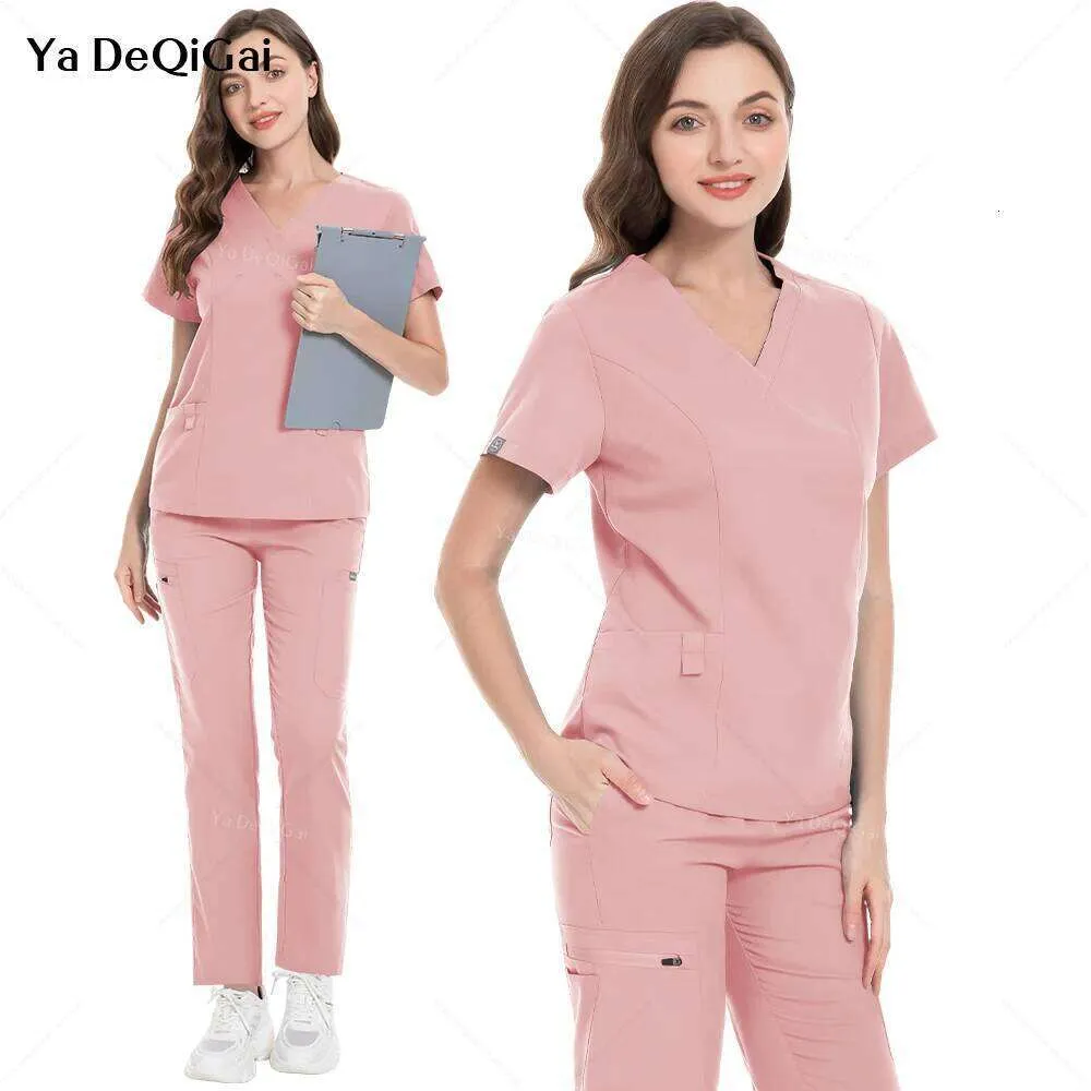Medical Scrubs Clothing Set Corduroy High Waist Short-Sleeved Nurse ...
