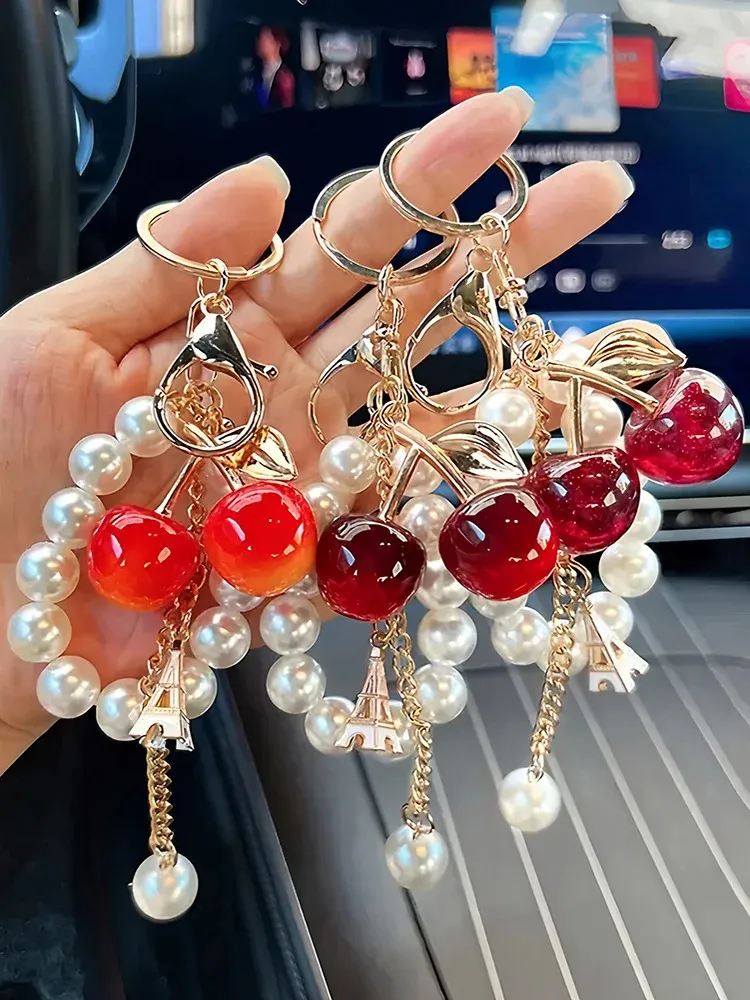Simulated Cherry Pearl Beads Keychain with Lobster Clasp Classic Bone ...