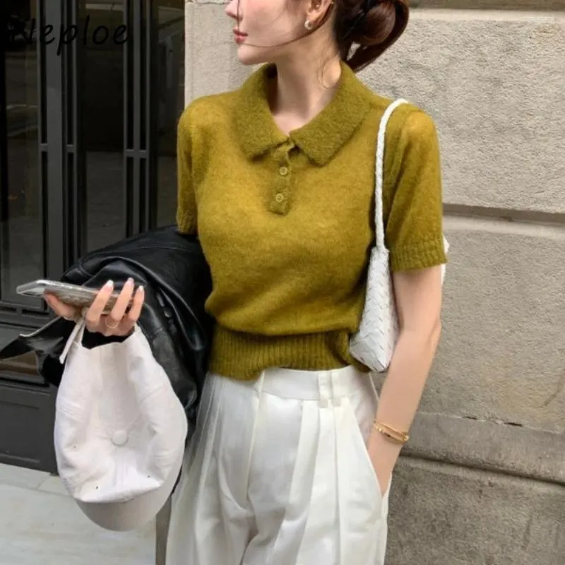 Women's Knitted Pullover Sweater Acetate Medium Weight Half Sleeve Turn-down Collar Casual ...