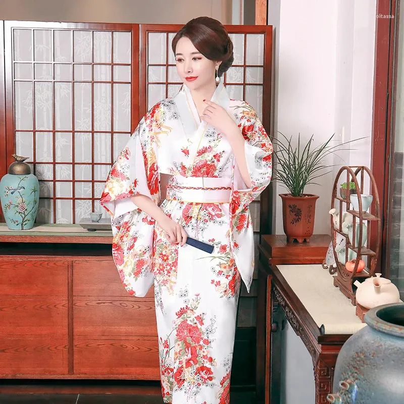 Ethnic Women's White Floral Print Yukata Kimono Gown with Belt Half ...