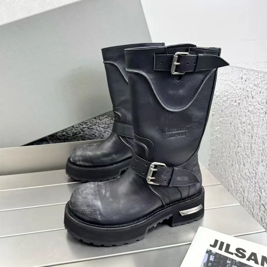 Real Leather Motorcycle Boots Vintage Punk Raised... From Factory ...