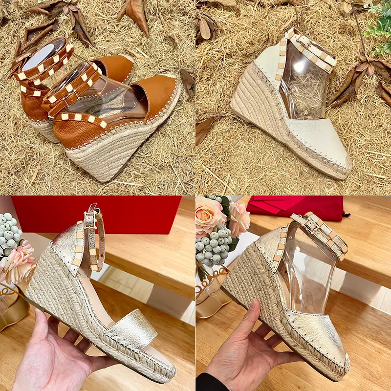 High Quality Designer Women Wedge Rockstud Espadrille Sandals Leather ...