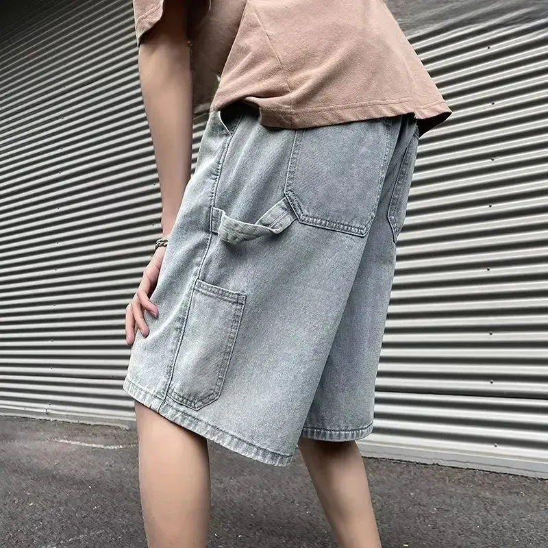 Fashionable Loose Fit Straight Leg Denim Shorts Simple Solid Color ...