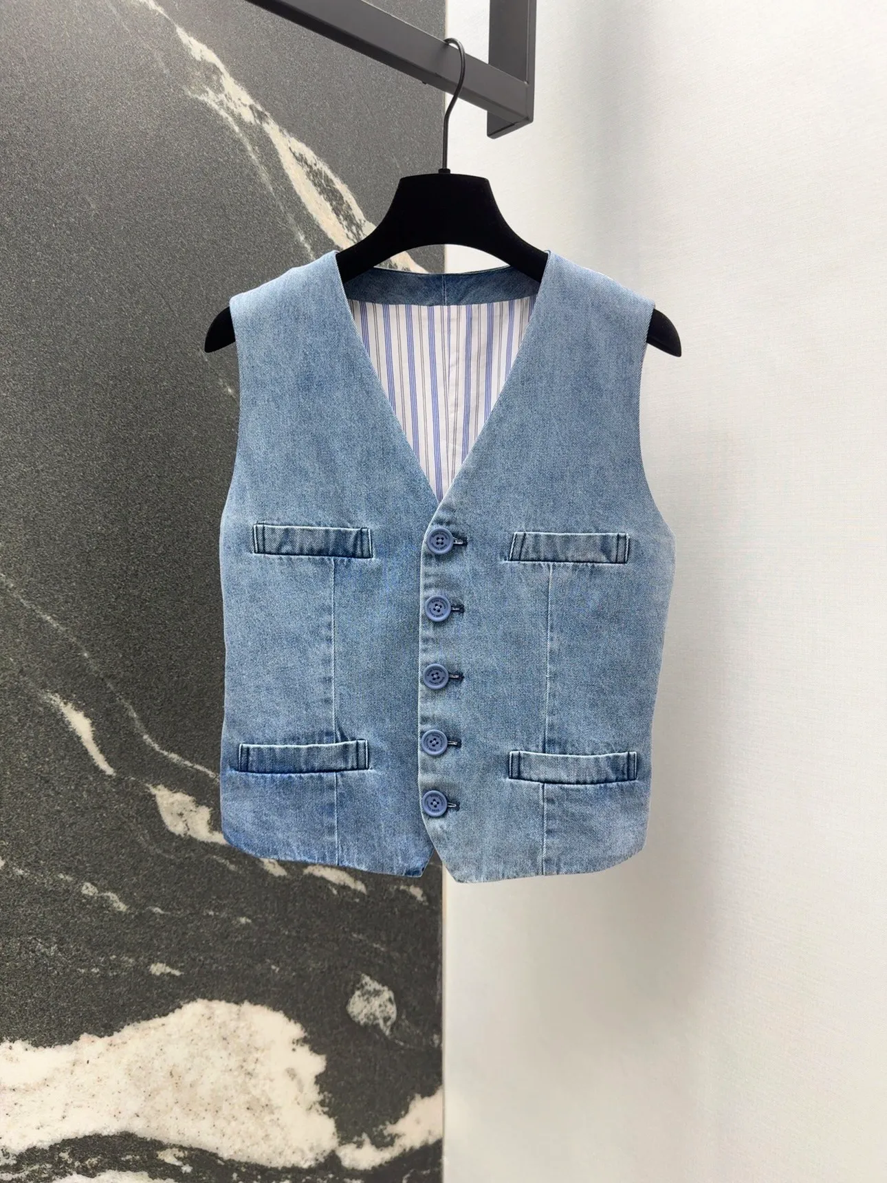 New Old Money Style Sleeveless Denim Vest Back Patchwork Striped Design ...