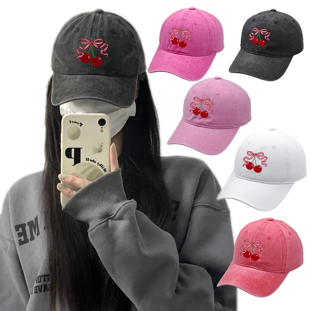 Cherry Bow Baseball Cap, Embroidered Retro Washed Duckbill Cap ...