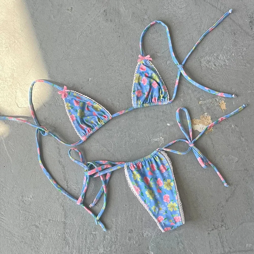 Floral Print Push Up Triangle Bikini Set With Lace Trim & Bow Accents ...
