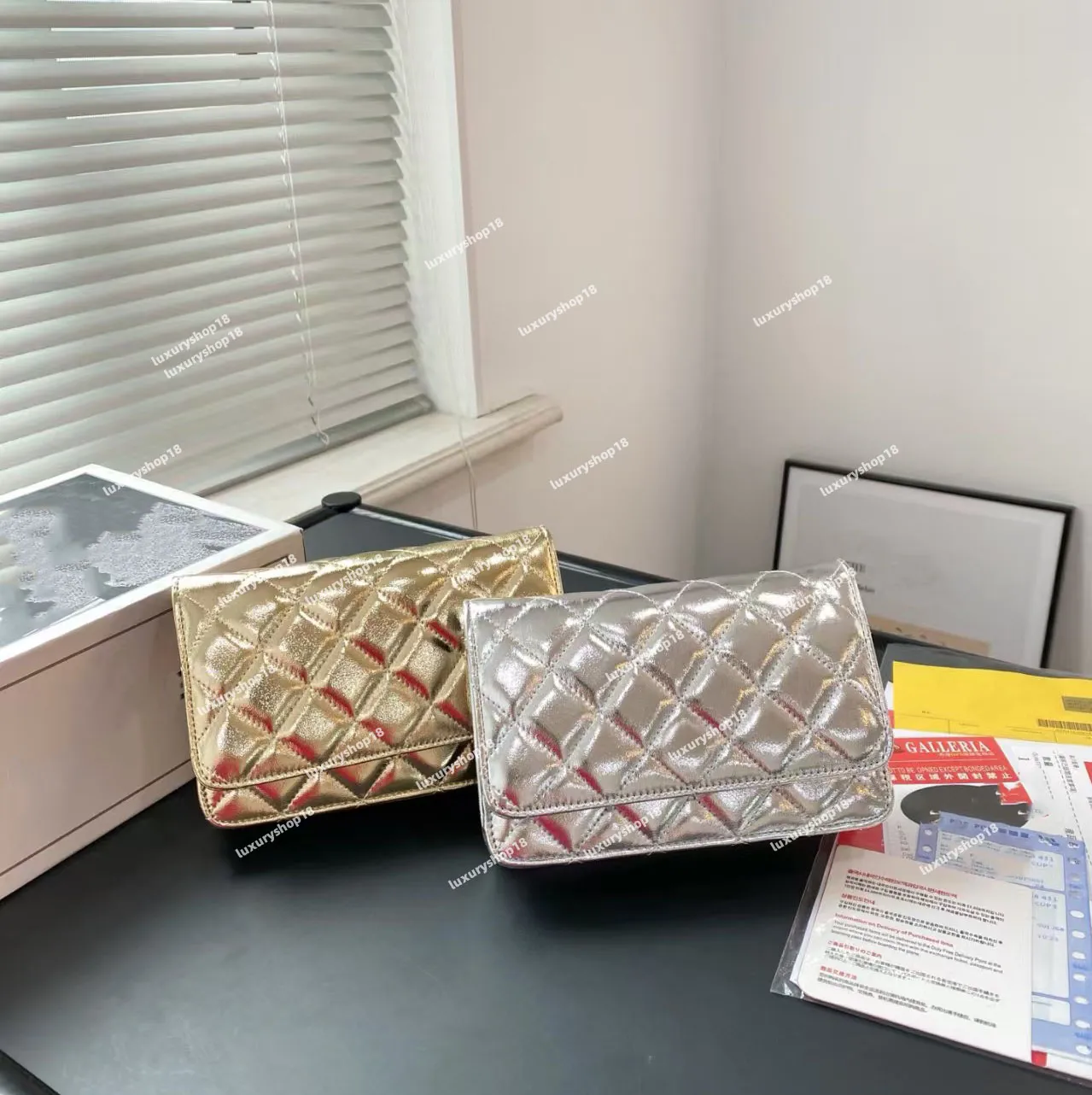 Designer Wallet On Chain Bag Shiny Gold Bag Silver Clutch Flap Handbag ...