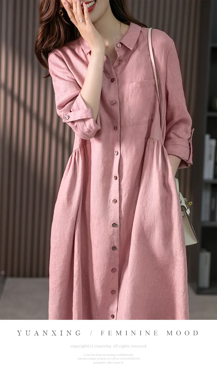 Summer Korean Loose Solid Color Cotton and Linen Three-Quarter Sleeve ...