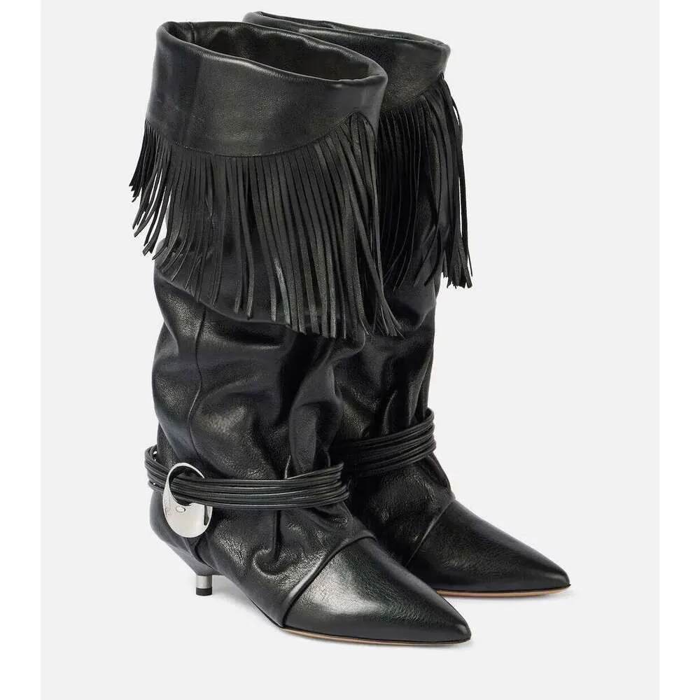 Women's Mid-Calf Pointed Toe Boots with 2-Inch Thin Heel and Fringed ...