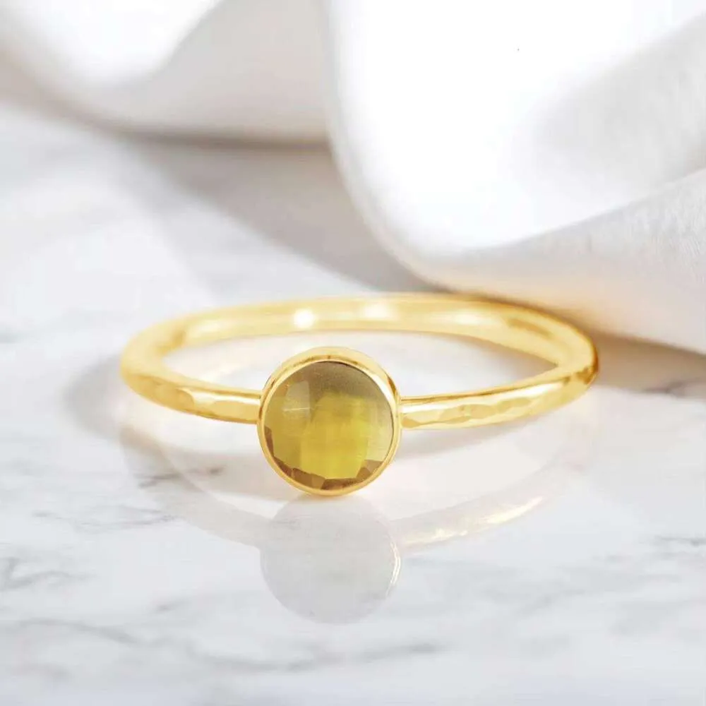 Pure Silver Cinnabar Quartz Yellow Crystal Ring Hammered Faceted Round ...