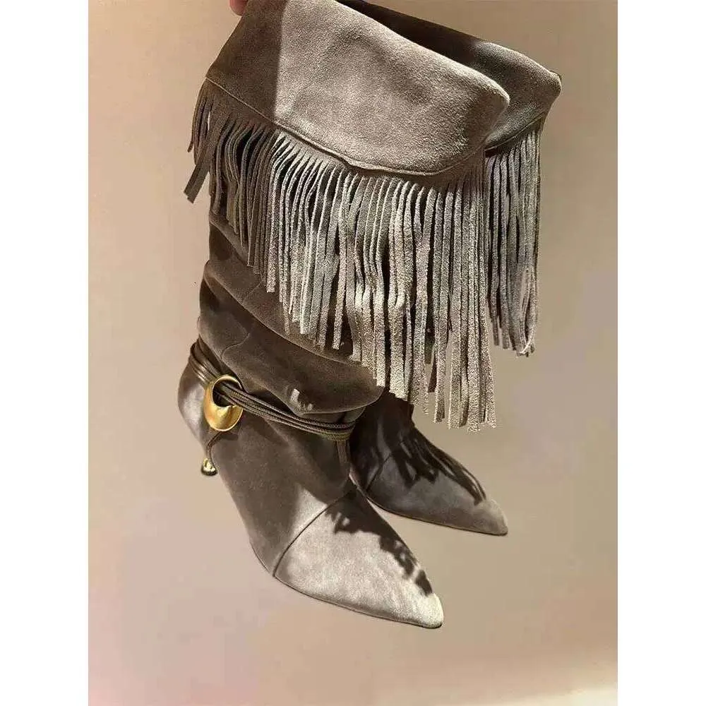 Women's Mid-Calf Pointed Toe Boots with 2-Inch Thin Heel and Fringed ...