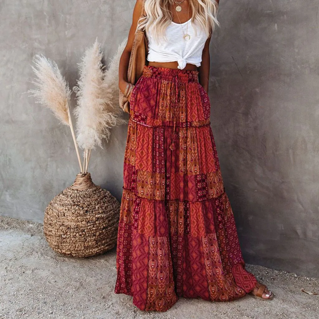 Combhasaki Women's Bohemian Print A Line Skirt With Drawstring Waist ...