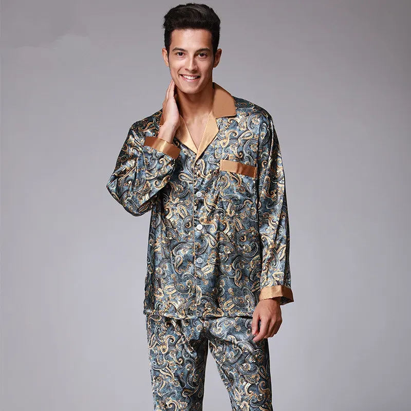 Luxury Satin Pajama Set For Men, Long Sleeve Sleepwear With Paisley ...