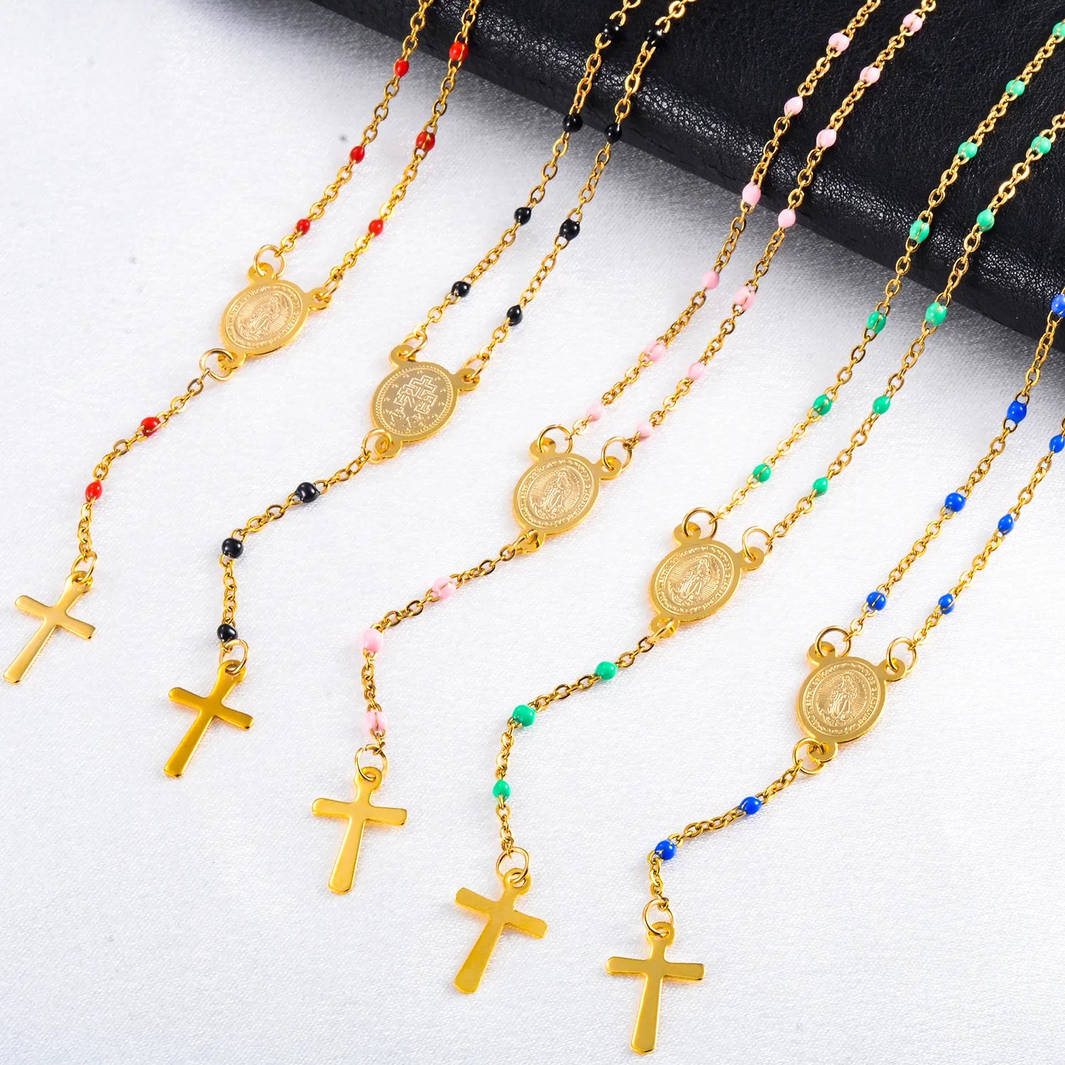 Jesus Stainless Steel Cross Rosary Necklace 1.5mm Enamel Satellite Bead ...