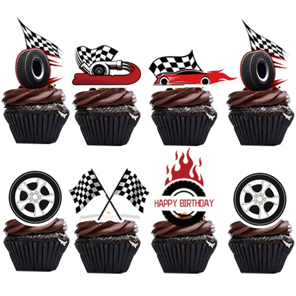 Race Car Cupcake Toppers For Birthday Parties Checkered Flag Cake ...