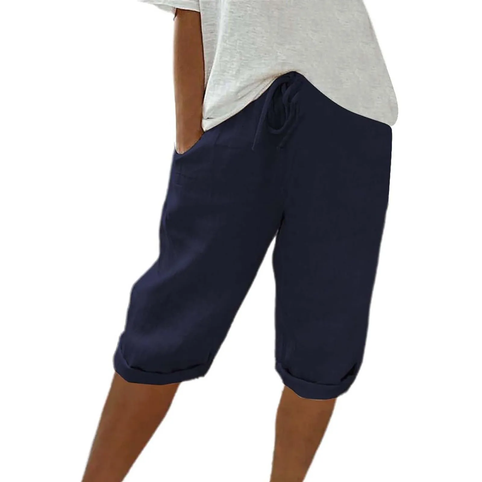 Women's Contrast Stripe Knee-Length Shorts with Pockets, Elastic Waist ...