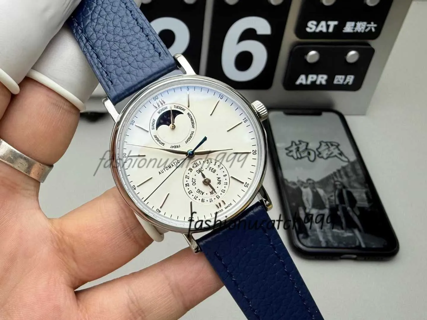 Men's Moonphase Watch Complete Calendar Automatic Wristwatch With White ...