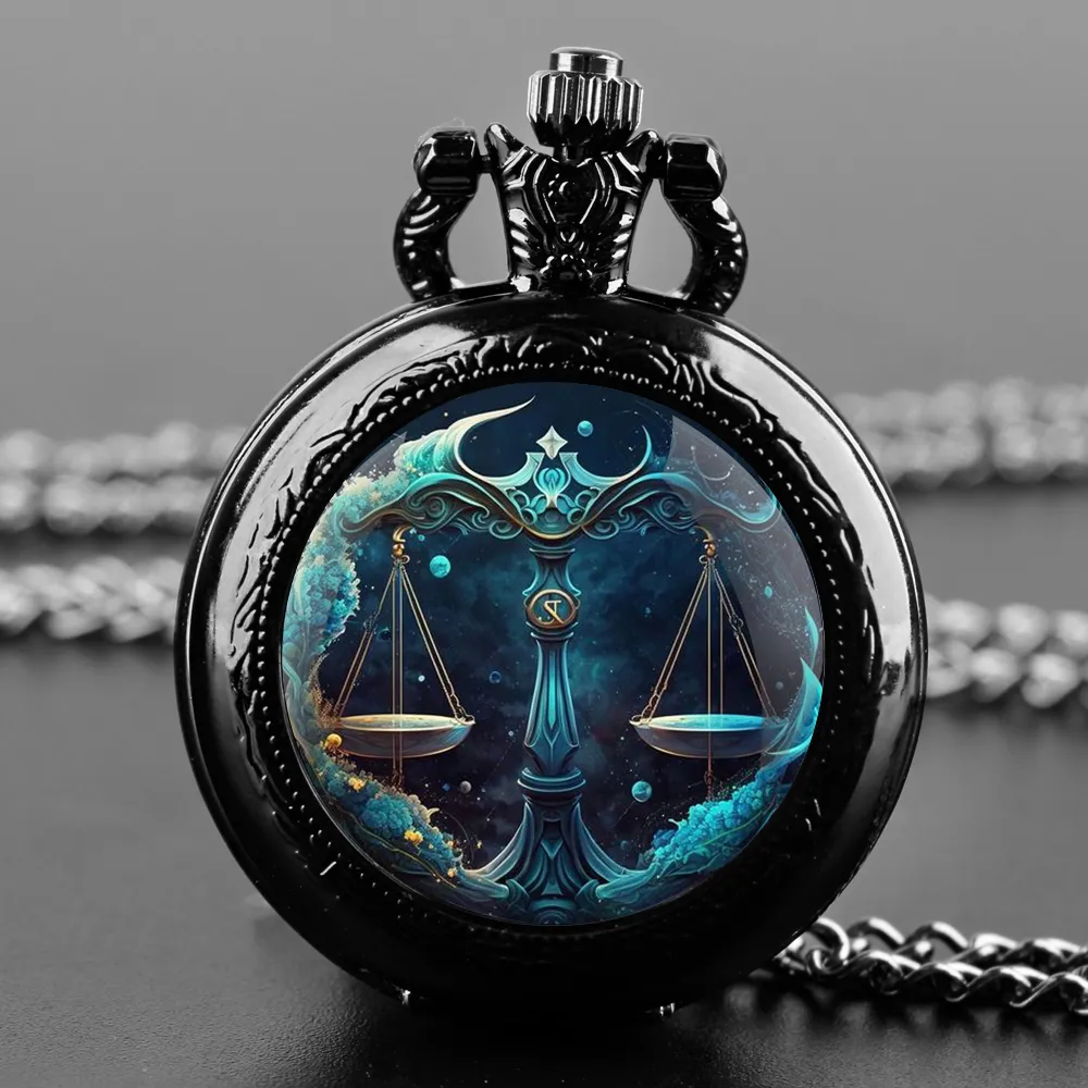 Libra Star Sign Quartz Pocket Watch Necklace Vintage Glass Dome Pendant ...