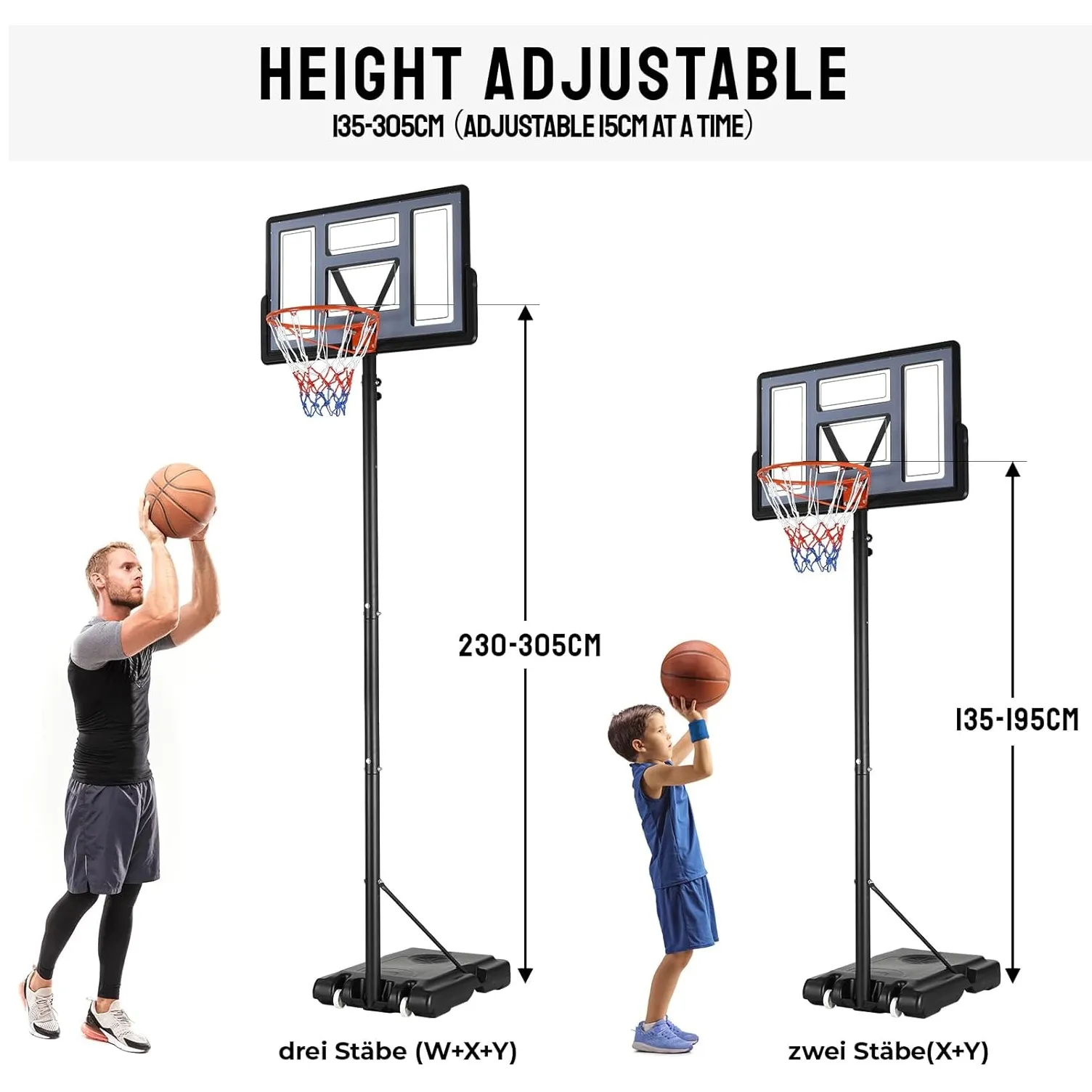 Basketball Hoop With Wheels 305cm Height Adjustable Portable Goal Water ...