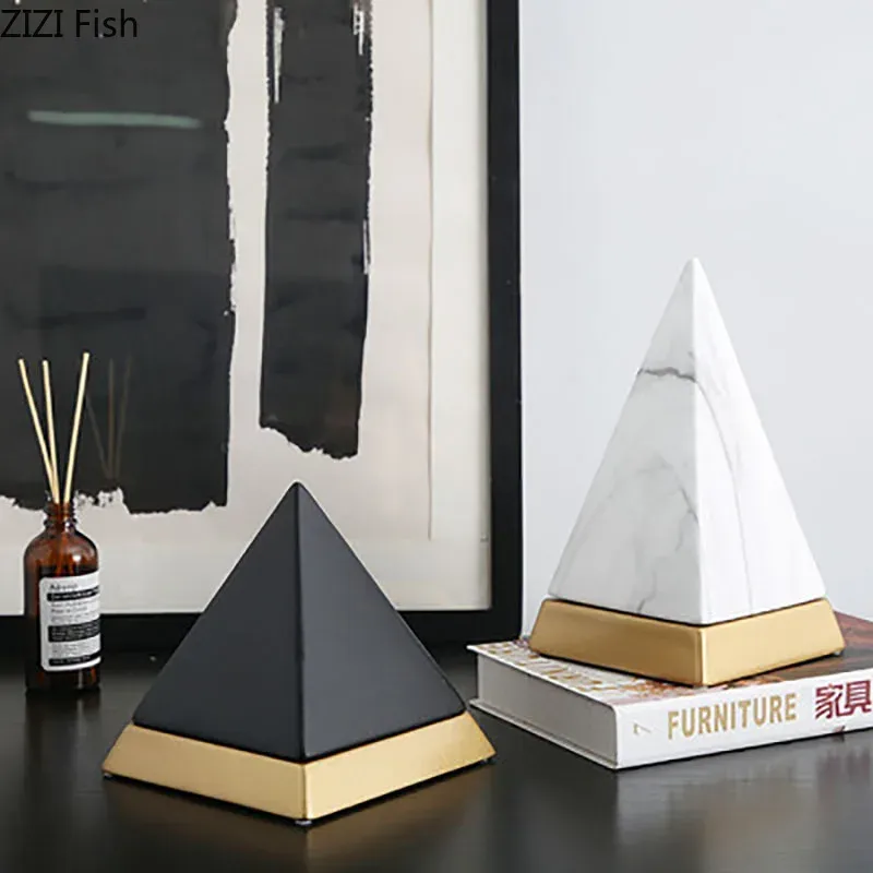 Marble Texture Pyramid Ceramic Statue Modern Triangle Sculpture Desk ...
