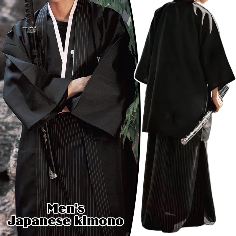 Men's Japanese Kimono Robe Set, Traditional Yukata Bathrobe, Long Gown ...