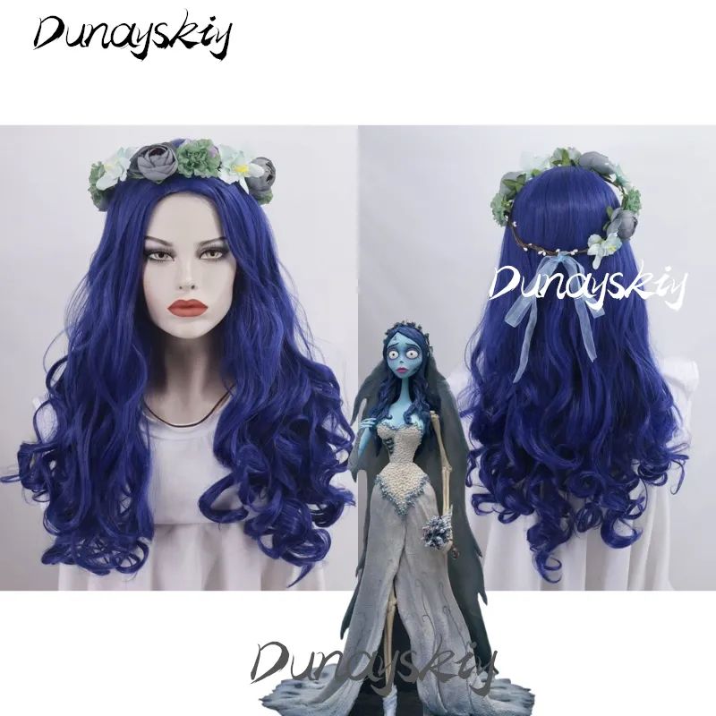 Emily Corpse Bride Cosplay Costume Set Electric Blue Wavy Wig With ...