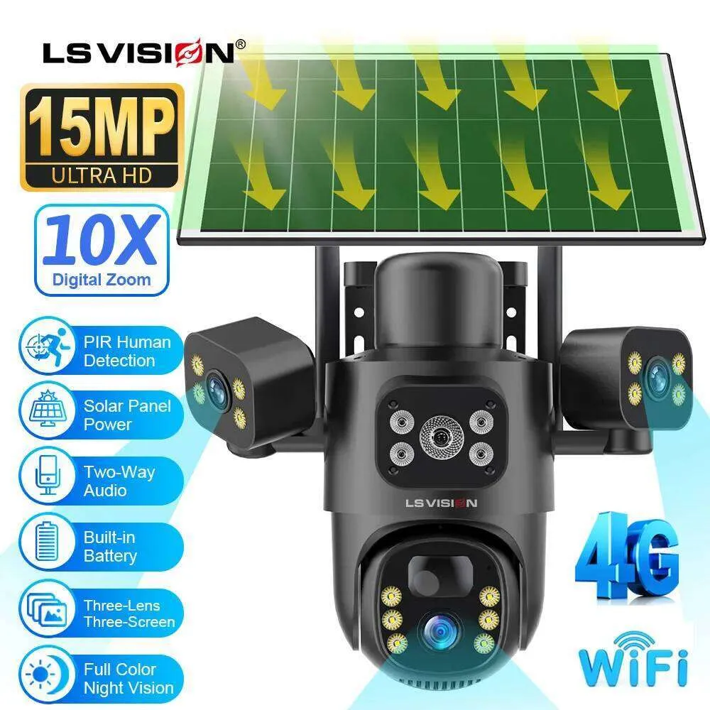 LS VISION 15MP Outdoor Solar Security Cameras 3 Screen 4G WiFi PTZ 10X ...
