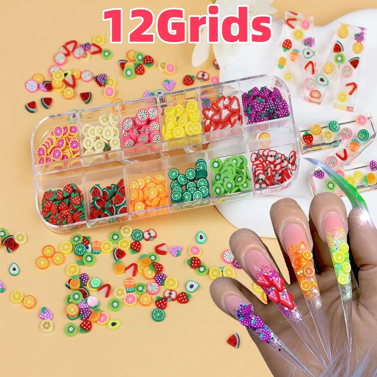 12 Grids 3D Summer Fruits Nail Charms: Mixed Strawberry, Lemon, and ...