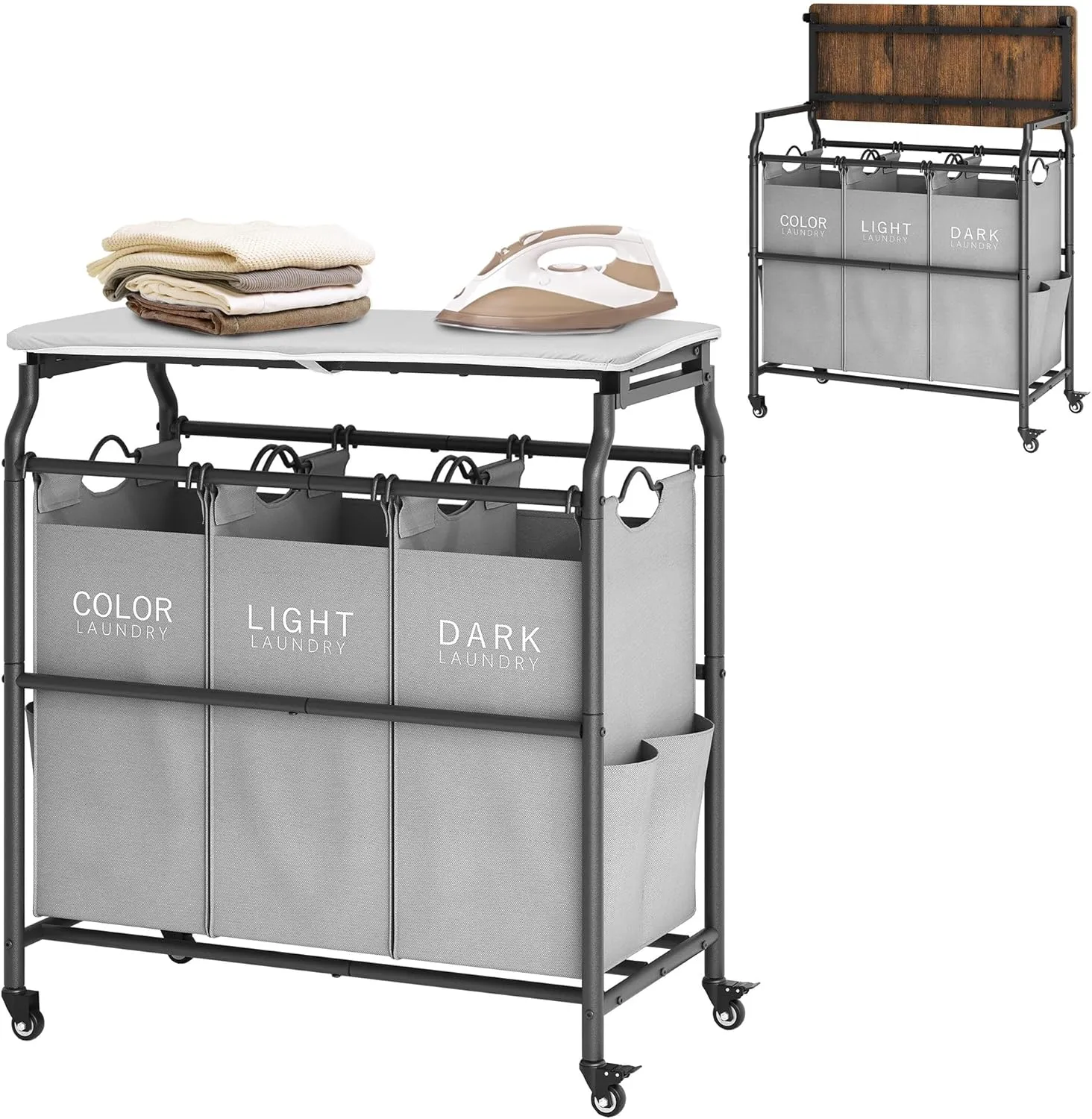 3 Section Laundry Sorter Cart With Ironing Board Heavy Duty Laundry ...