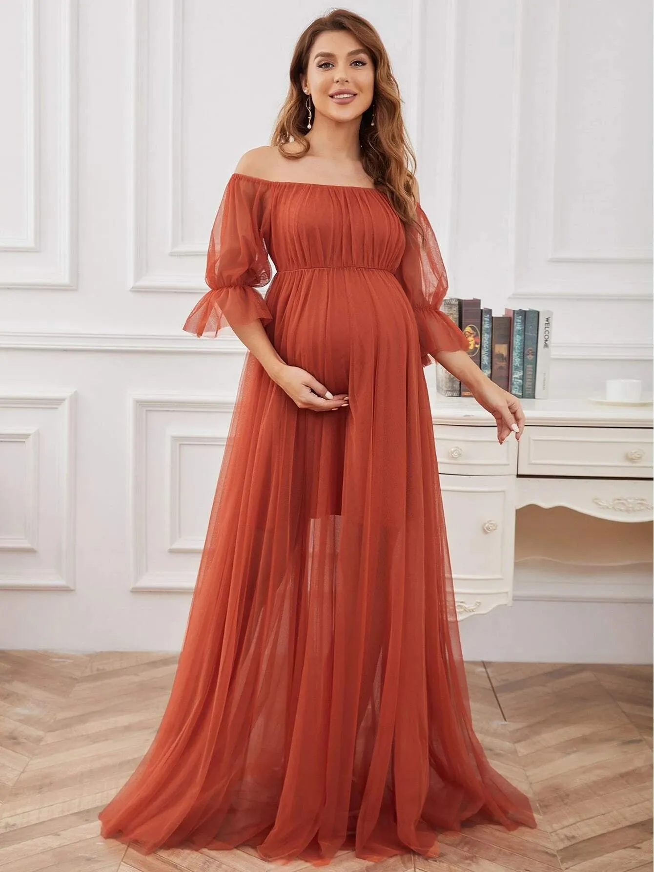 Maternity Dress for Photoshoot, Pregnancy Off-Shoulder Short Sleeve ...