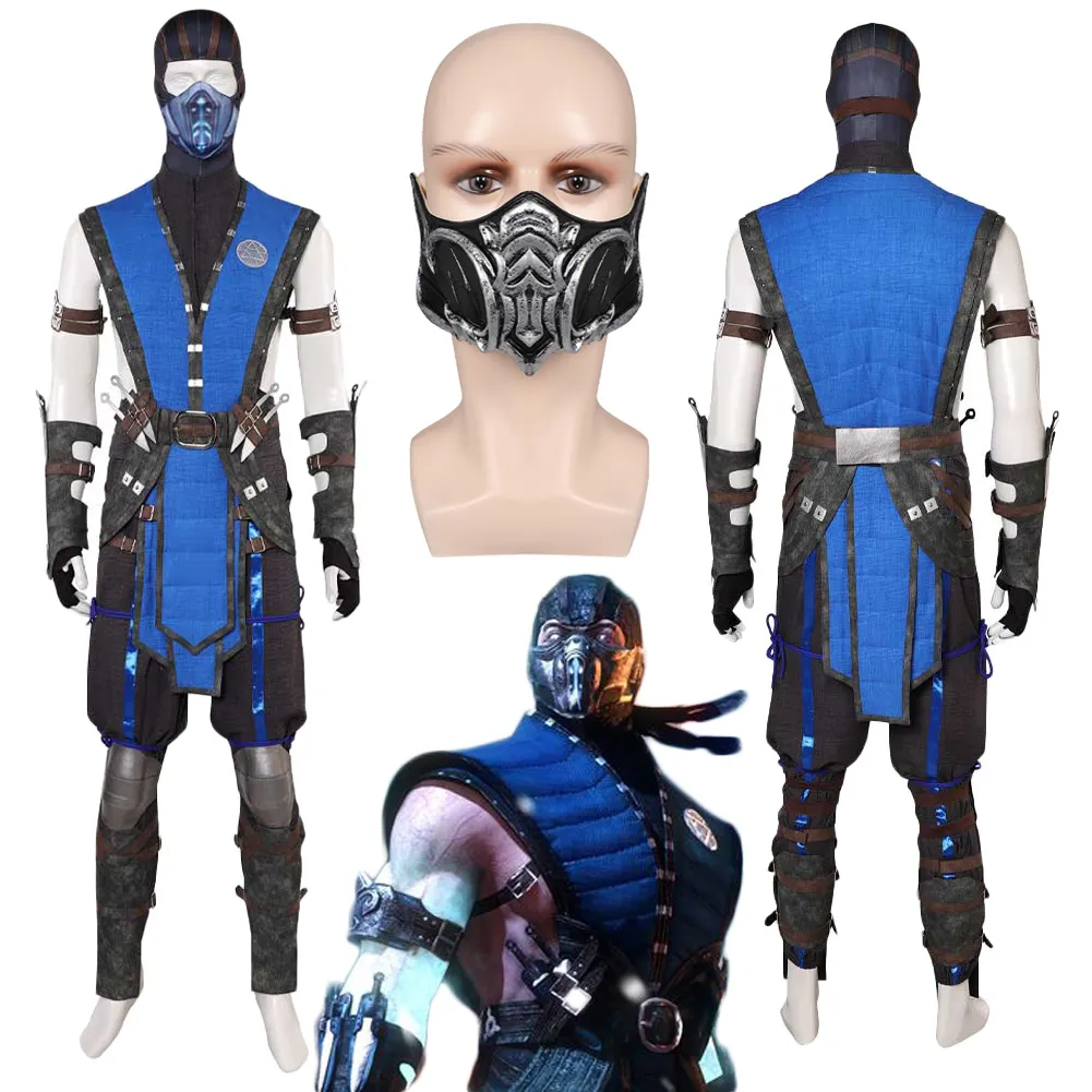 Mortal Kombat Cosplay Sub Zero Costume Adult Blue Top Pants Mask ...