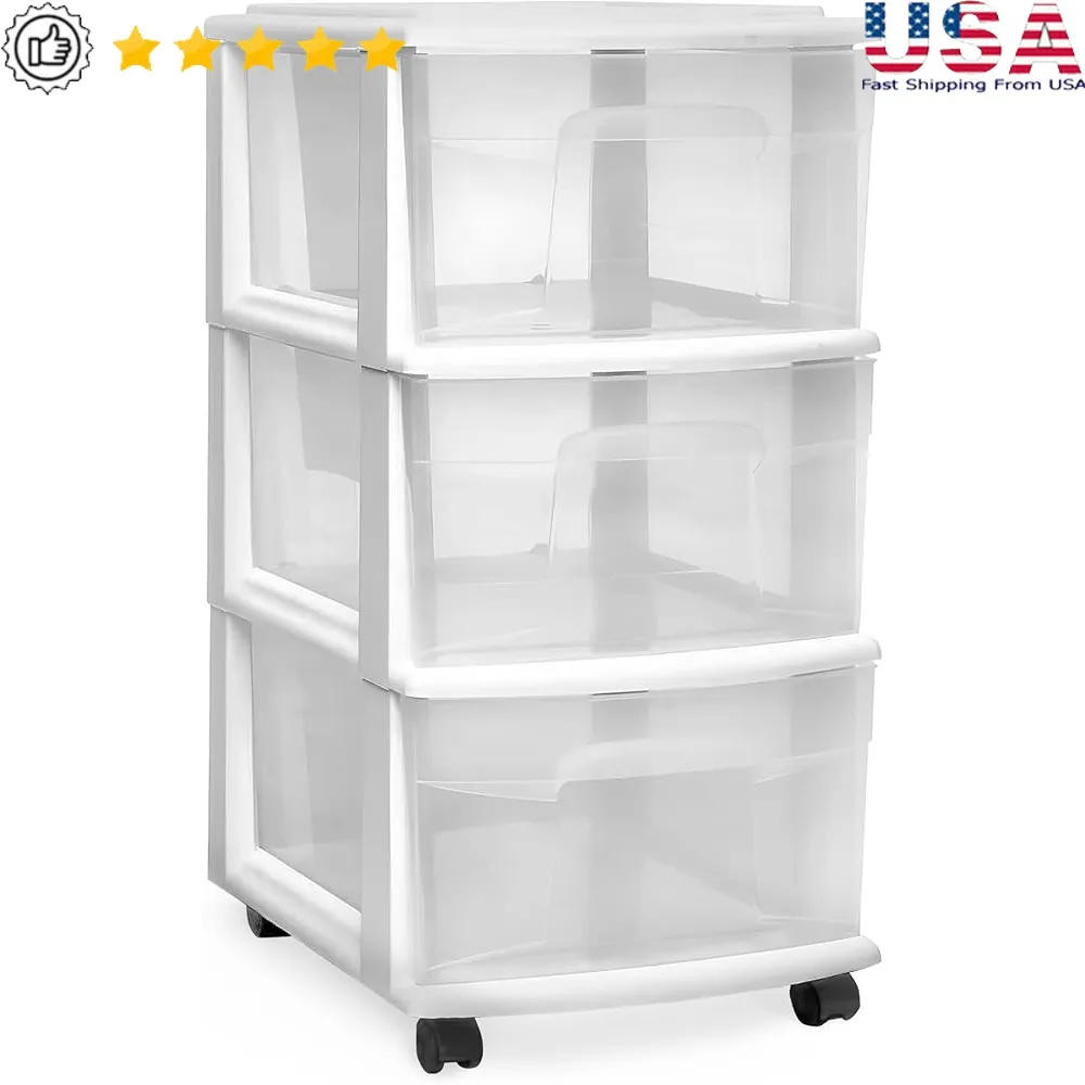 3 Tier Clear Plastic Storage Cart With Drawers Rolling Organizer For ...