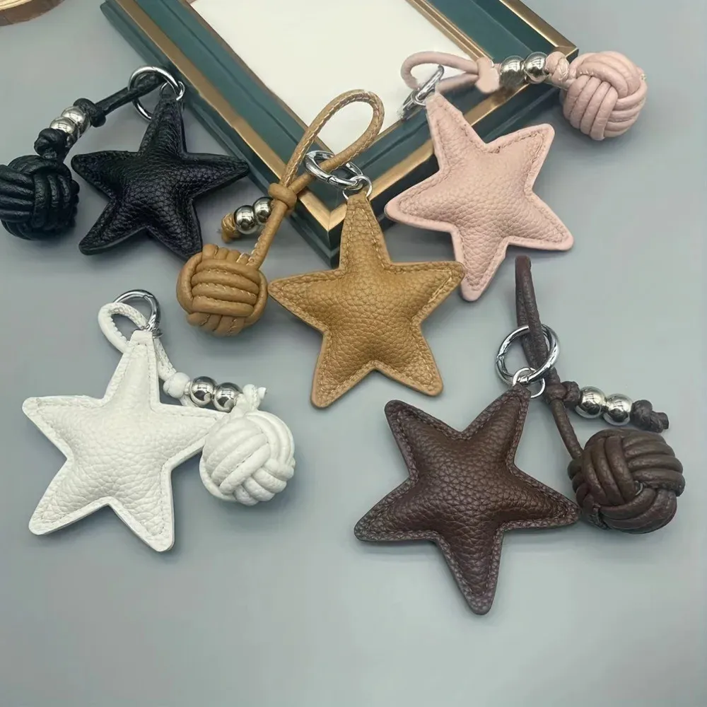 Leather Star Keychain, Pentagram Car Keyring with Woven Leather Rope ...