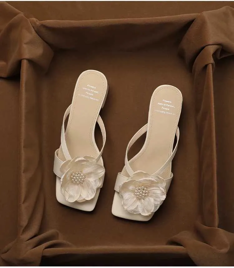 2025 Summer French Square Toe Flip-Flops with Thick Heel, Pearl Flower ...