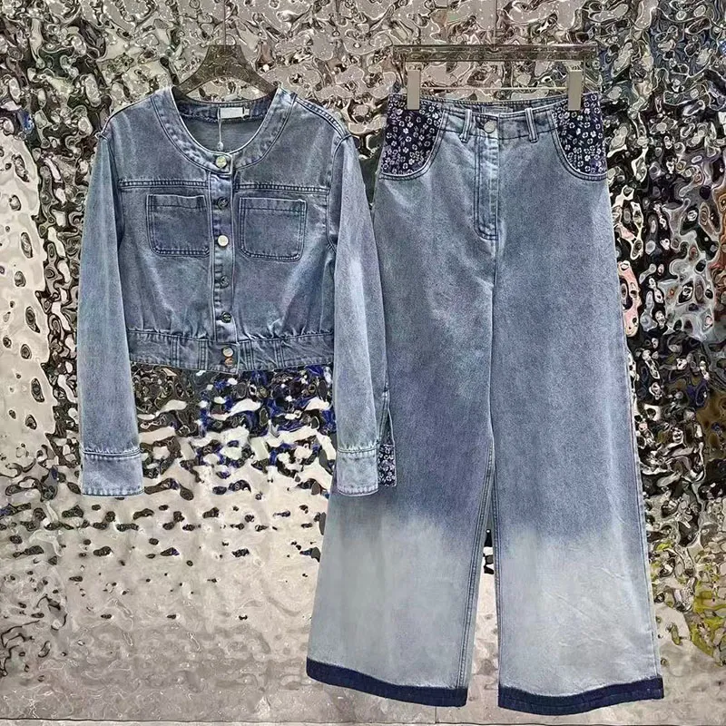 Designer Autumn Winter New Fashion High-End Floral Patchwork Denim ...