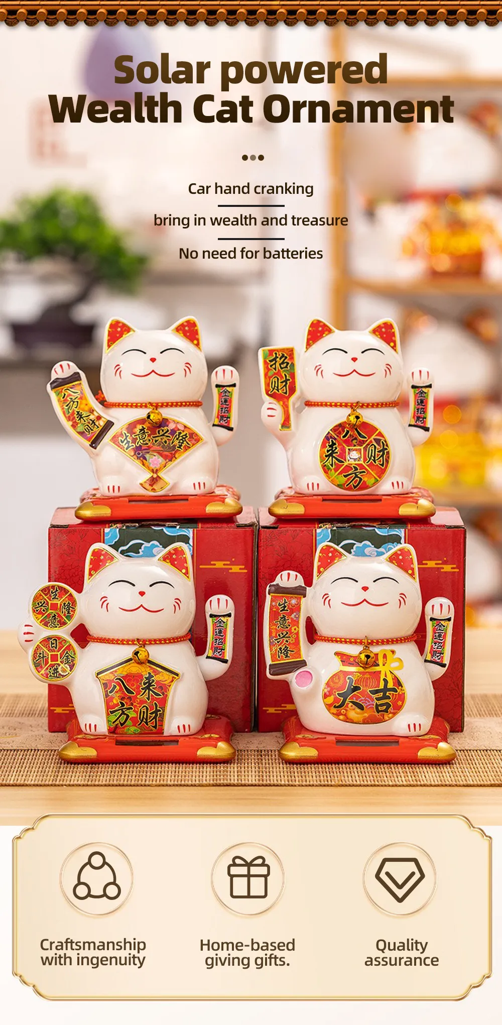 Ceramic Cat Figurine with Solar-Powered Motion - Electric Shaking Hand ...