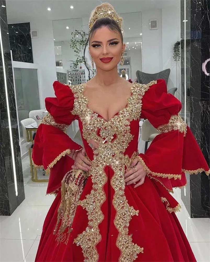 Luxury Red Arabic Caftan Evening Dress For Women Applique Crystal Lace ...