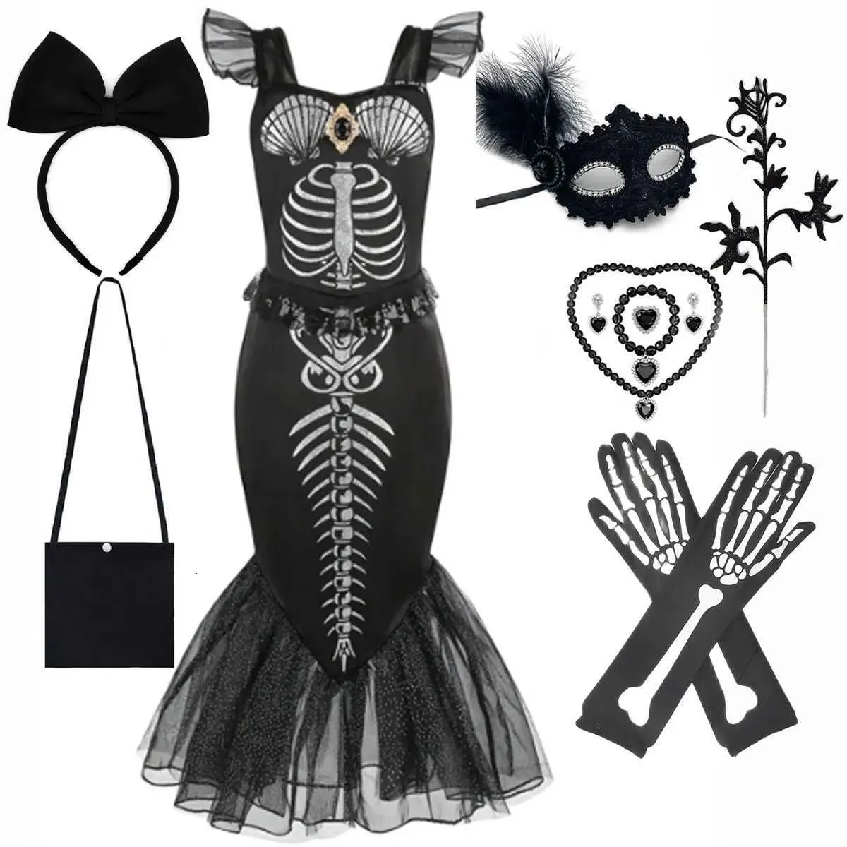 Z250725 Ariel Princess Halloween Costume For Girls Skeleton Mermaid ...