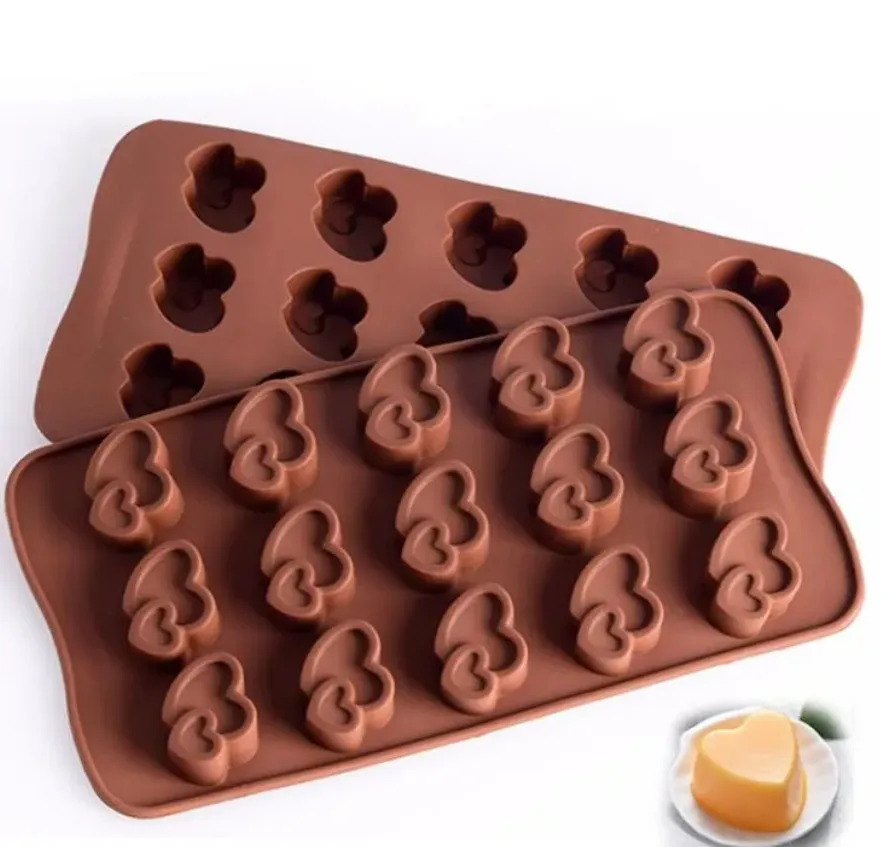 15 Cavity Double Heart Silicone Molds Heat Resistant Baking, Chocolate ...