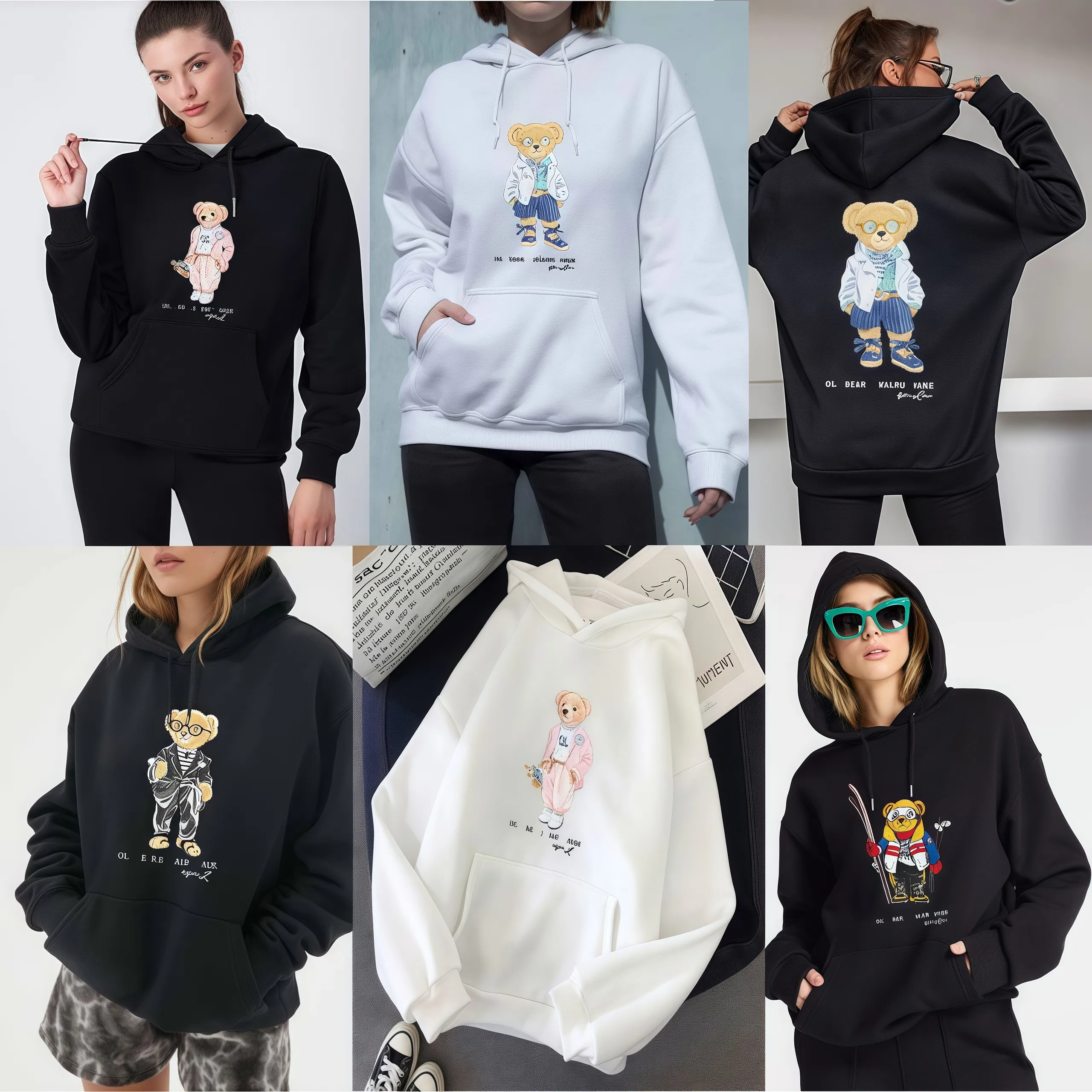Thick fleece hoodie unisex long sleeve pullover with bear design for ...